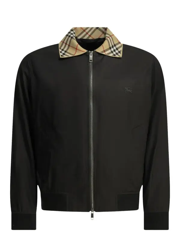 Burberry Embroidered Logo Cotton Jacket With Checked Collar - Nero