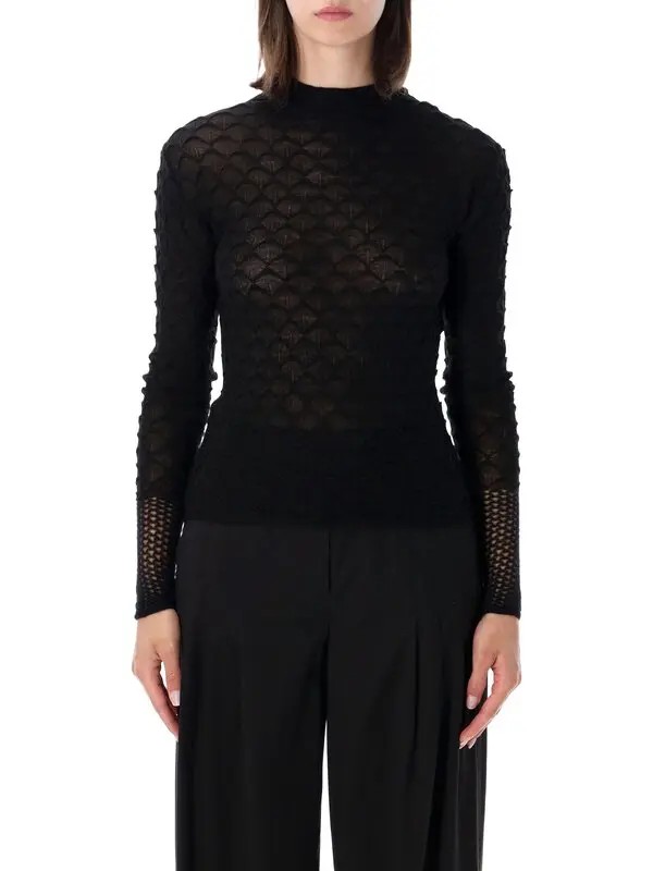 LANVIN Textured Sheer Knit Mock Neck Top - Nero