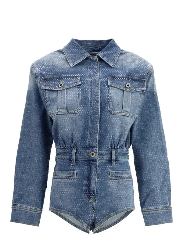 SELF-PORTRAIT Embellished Denim Jumpsuit - Blue