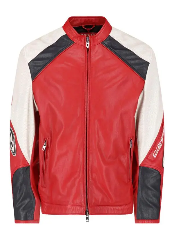DIESEL® Leather Motorcycle Jacket With Contrast Paneling - Red