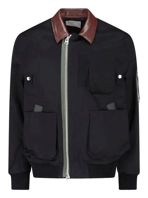 Sacai Engineered Panel Cotton Jacket With Nylon, Cowhide & Knit Trim - Black