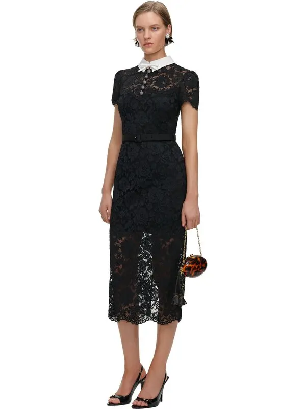 SELF-PORTRAIT Lace Midi Dress With Contrasting Collar And Embellished Buttons - Nero