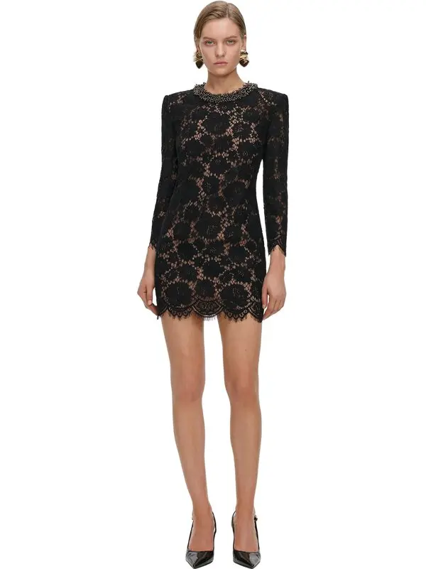 SELF-PORTRAIT Lace Mini Dress With Embellished Neckline - Nero