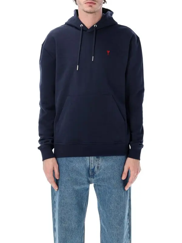 AMI Paris Relaxed Cotton Hoodie With Embroidered Heart Logo - Blu