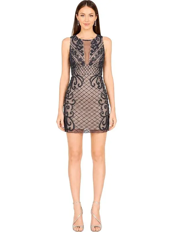 LARA NEW YORK Beaded Illusion Neckline Cocktail Dress - Navy