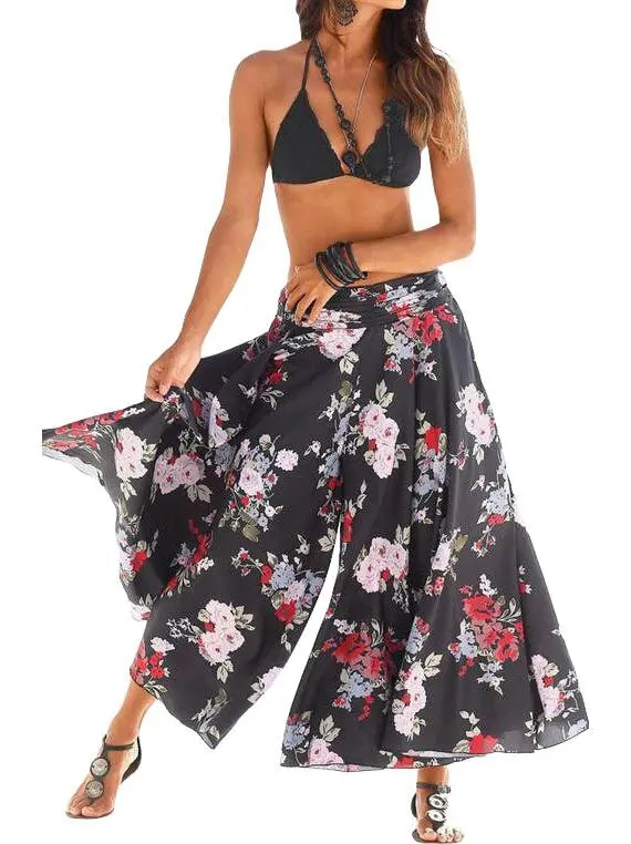LASCANA Printed Flowy Wide-leg Culottes - Black Printed