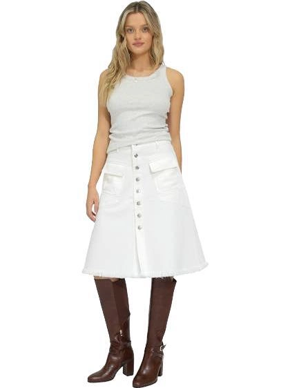 BELLE & BLOOM Button Front Denim Midi Skirt - White