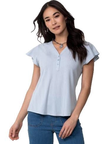 SINGLE STITCH Flutter Sleeve Henley Top - Soft Blue