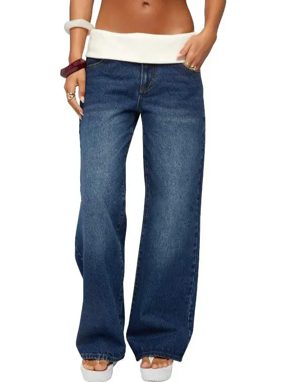 EDIKTED Knit Foldover Baggy Jeans - Medium-blue-washed