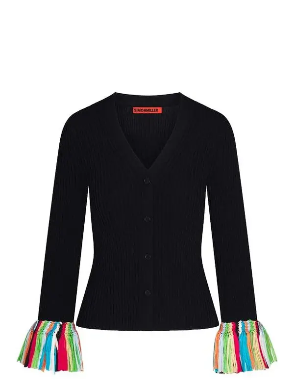 SIMONMILLER Rib Knit Cardigan With Multicolor Fringe Trim - Black Multi