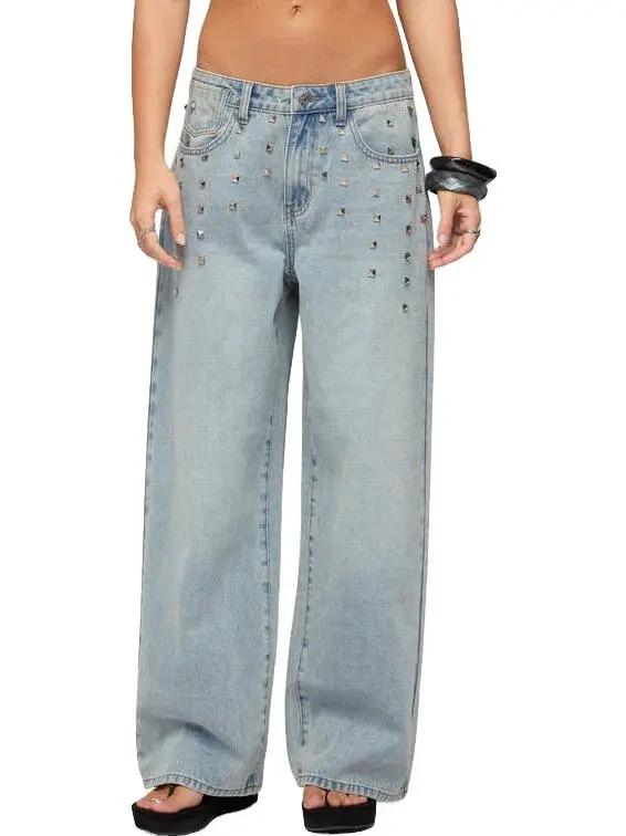 EDIKTED Oaklee Studded Low Rise Baggy Jeans - Blue-washed