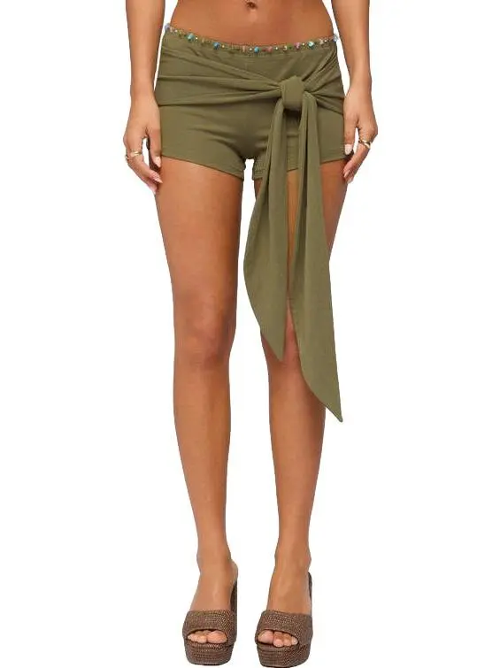 EDIKTED Monroah Beaded Low Rise Tie Waist Shorts - Olive