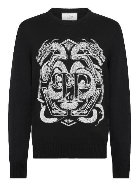 Philipp Plein Embroidered Merino Wool Hexagon Dragon Pullover - Black