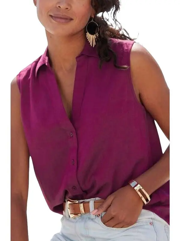 LASCANA Sleeveless Button-down Shirt - Plum
