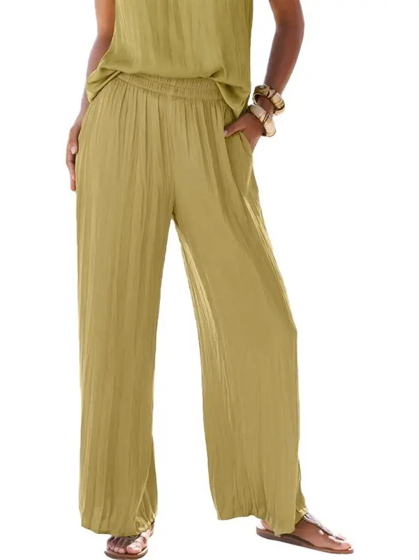 LASCANA Flowy Textured Wide Leg Pull-on Pants - Green