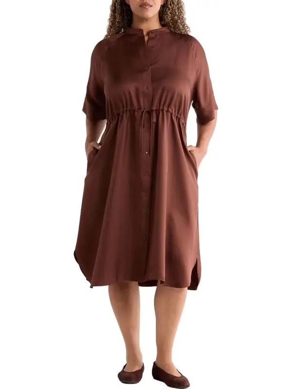 Eileen Fisher Silk Mandarin Collar Midi Dress - Truffle