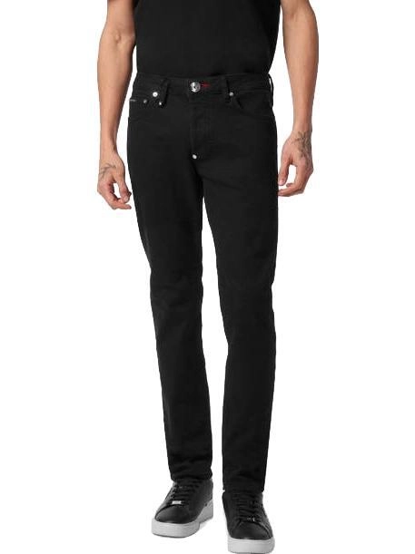 Philipp Plein Super Straight Cut Denim Trousers With Rhinestone Skull Embellishments - Summernight