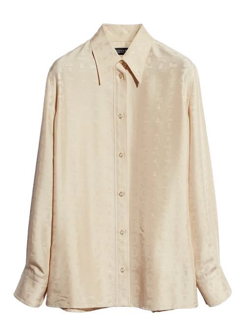 Gucci Silk Jacquard Shirt With Crest Detail - Beige