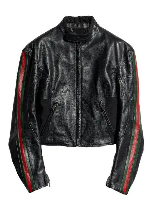 Gucci Leather Biker Jacket With Web Detail - Black