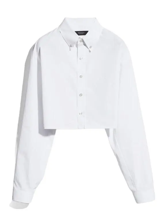 Gucci Cropped Cotton Poplin Shirt With Crest Embroidery - White