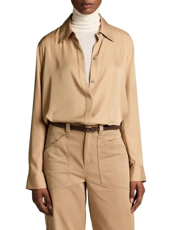 Vince Double-detail Silk-blend Button-front Shirt - Oak Buff