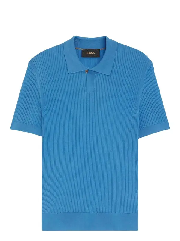 BOSS Silk Knit Polo With Ribbed Texture - Light Blue