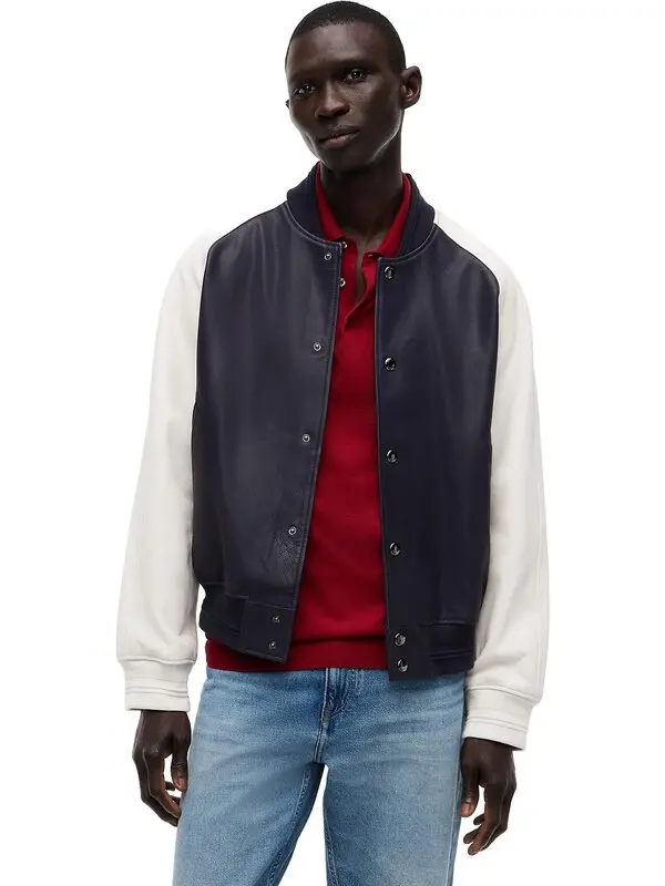 Tommy Hilfiger Colorblock Leather Varsity Bomber Jacket - Navy