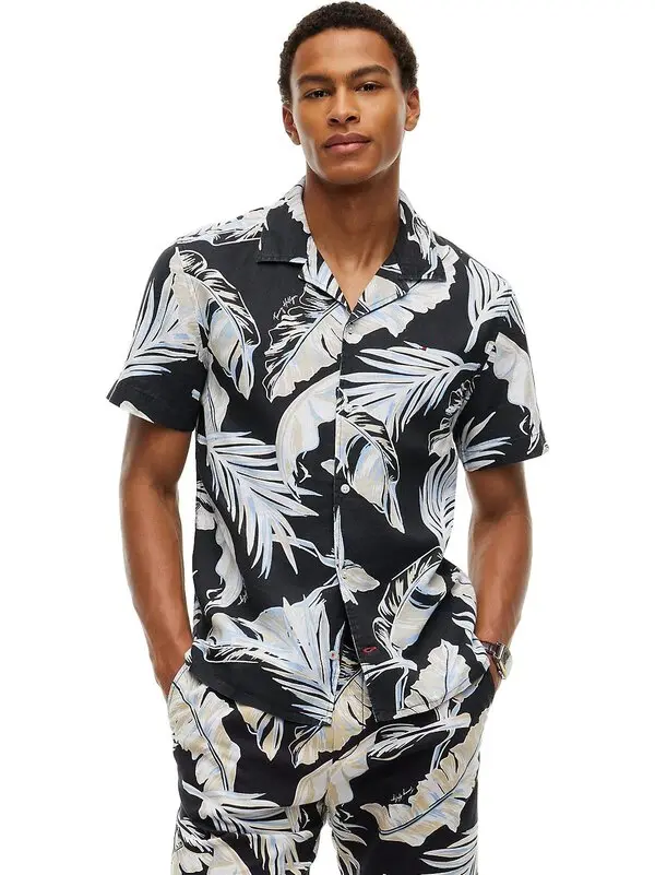 Tommy Hilfiger Regular Fit Leaf Linen-blend Camp Shirt - Black