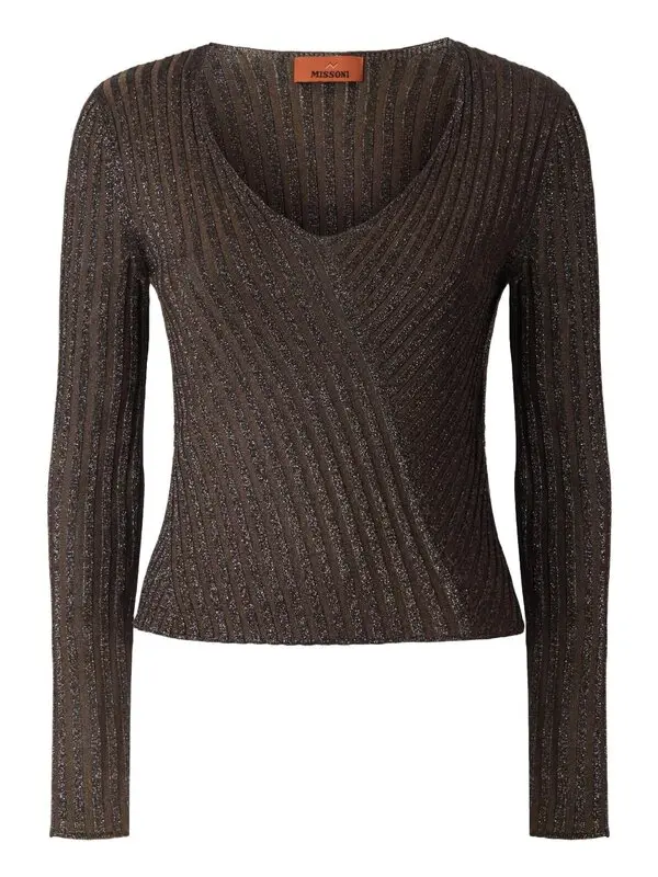 Missoni Ribbed Viscose Lamé V-neck Sweater - Brown