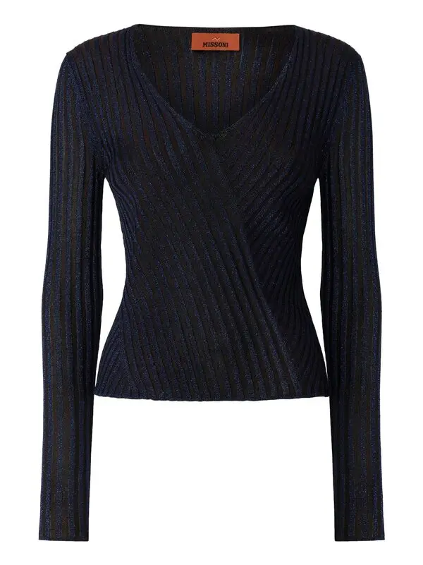 Missoni Ribbed Viscose Lamé V-neck Sweater - Navy Blue