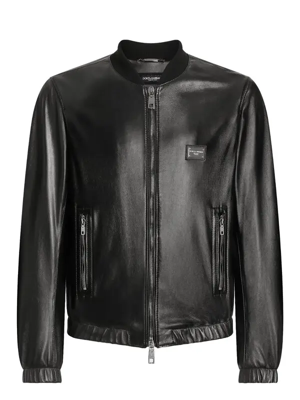 Dolce & Gabbana Leather Bomber Jacket With Logo Tag - Black