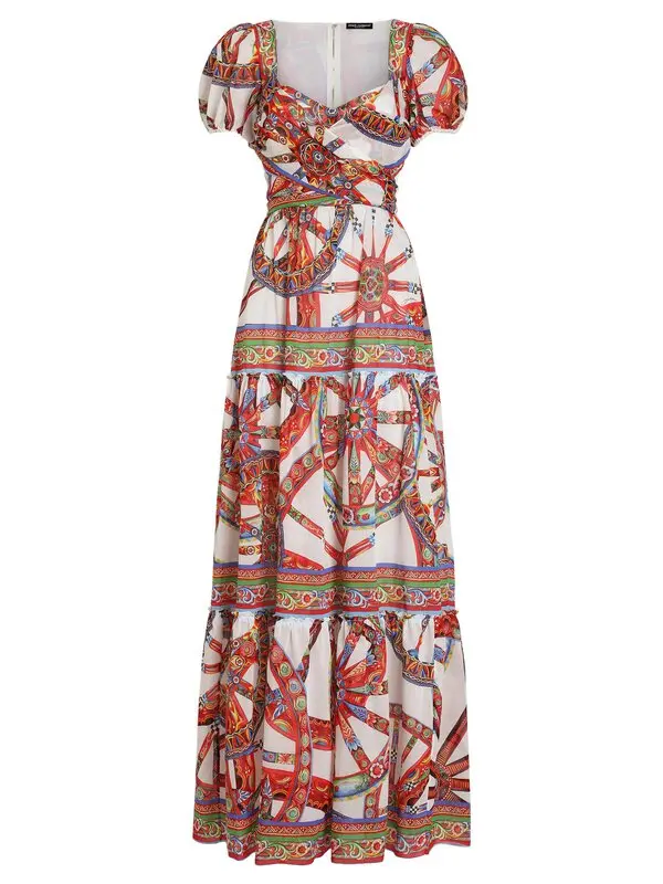 Dolce & Gabbana Long Batiste Dress With Carretto Print - Multicolor