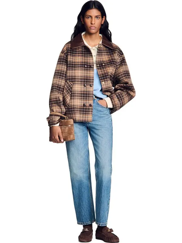 Sandro Wool Check Jacket With Leather Collar - Brown