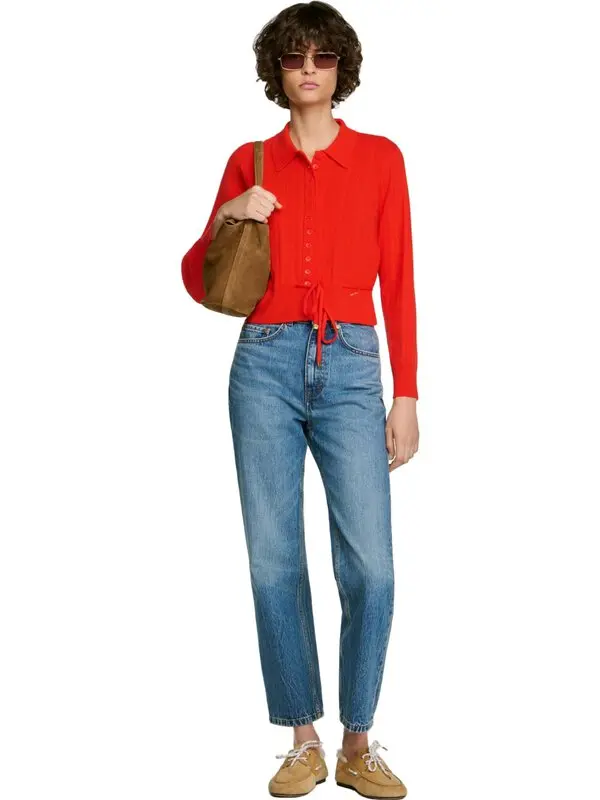 Sandro Pointelle Knit Cardigan With Adjustable Waist Tie - Red