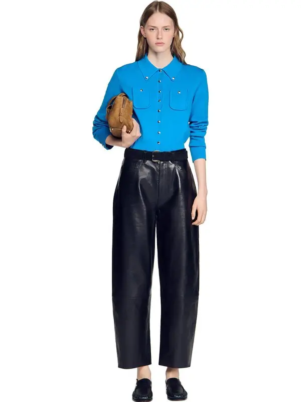 Sandro Wool Cardigan With Metal Buttons And Patch Pockets - Blue