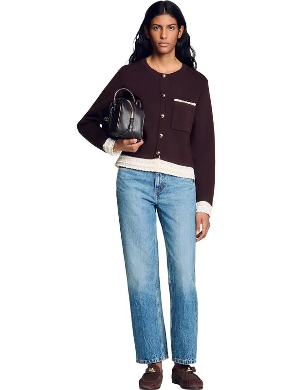 Sandro Acrylic Knit Cardigan With Lace Trim - Brown