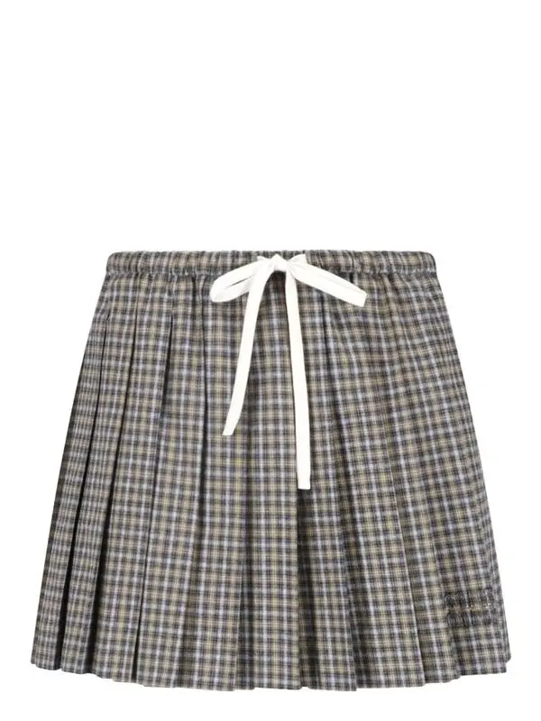 Miu Miu Mini Tartan Skirt With Ruffled Design And Embroidered Logo - Gray
