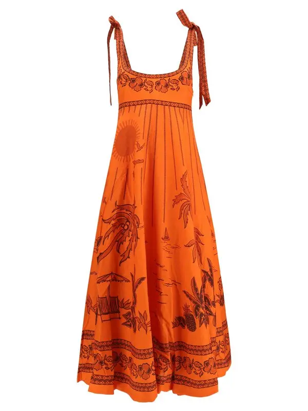 ALEMAIS Boathouse Printed Linen Midi Dress - Orange