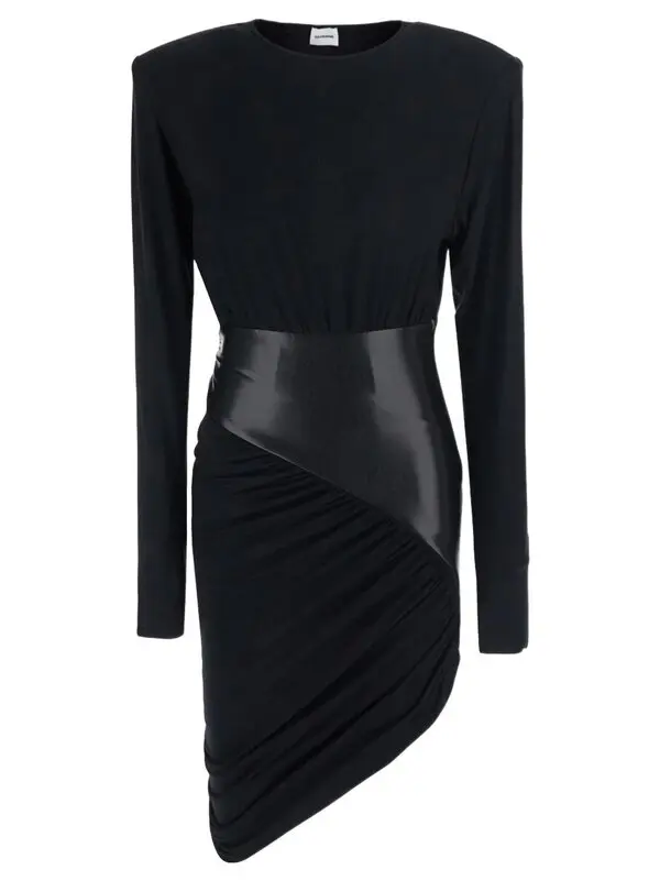 Andamane Long Sleeve Round Neck Asymmetrical Hem Dress - Black