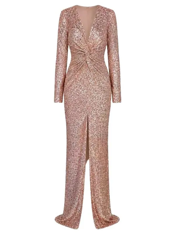 ROSERRY Sequin Embellished Twist Detail Dress With Front Slit - Pink