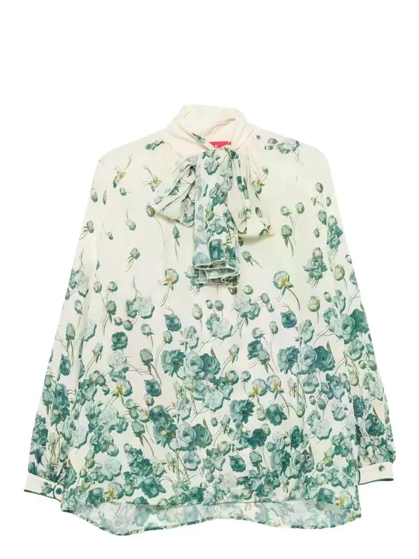 F.R.S FOR RESTLESS SLEEPERS Cream Floral Print Puff Sleeve Blouse - Green