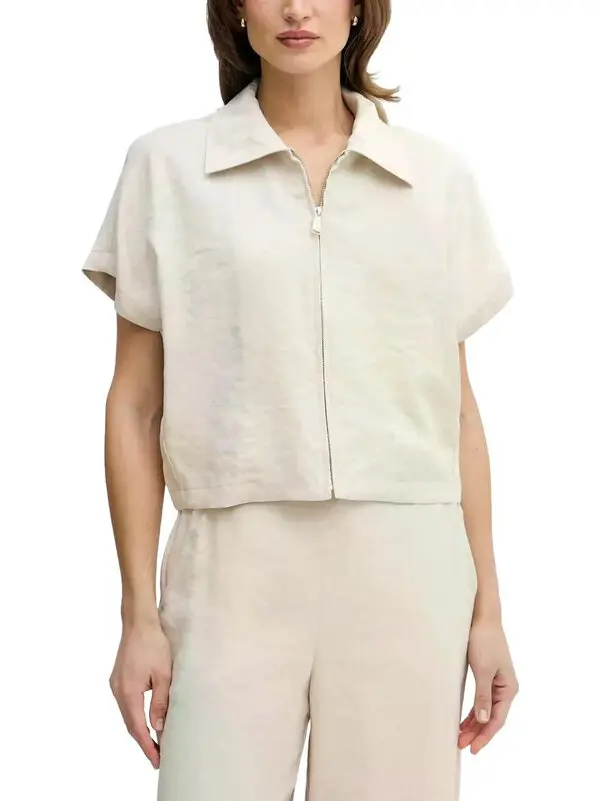 Joseph Ribkoff Short-sleeve Zip-up Top With Crinkled Texture - Neutrals