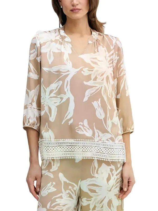 Joseph Ribkoff Floral Print Crochet Trim V-neck Blouse - Neutrals