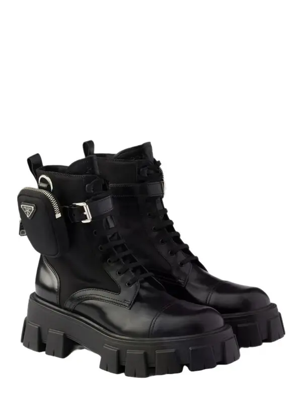 Prada Monolith Leather And Re-nylon Boots With Pouch - Black