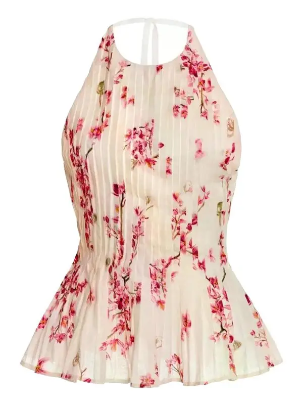 Agua Bendita Floral Print Halter Neck Peplum Top - White