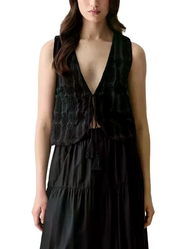 HAVEONE Embroidered Sleeveless V-neck Cropped Top With Tassel Detail - Black