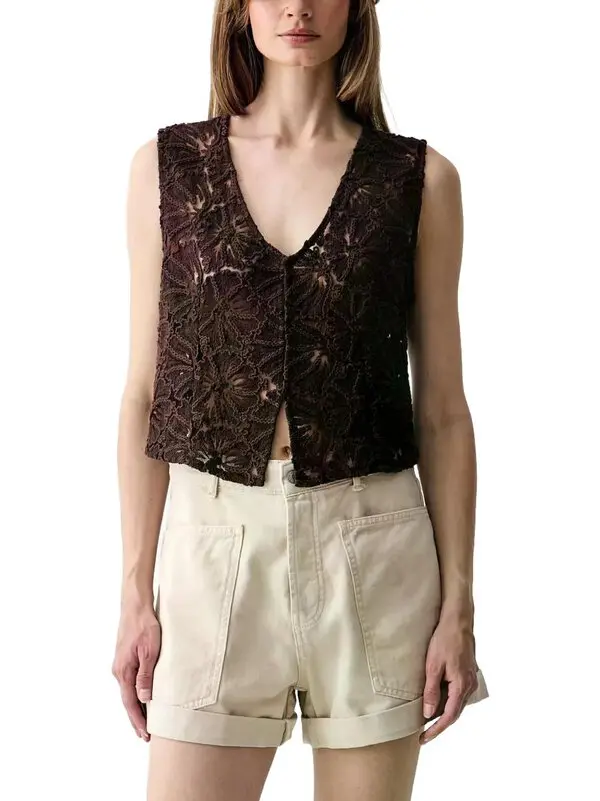 HAVEONE Floral Lace V-neck Cropped Top - Brown