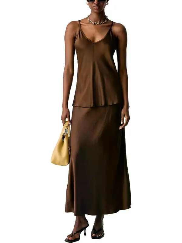 HAVEONE Satin-finish Flared Maxi Skirt - Brown