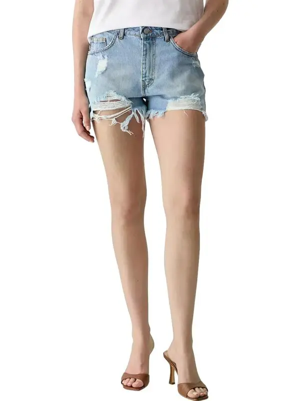 HAVEONE Distressed Frayed Hem Denim Shorts - Blue