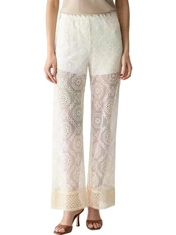 HAVEONE Broderie Anglaise Lace Trim Straight Leg Trousers - White